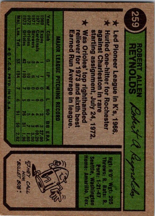 1974 Topps #259 Bob Reynolds baseball card 5yyy | eBay