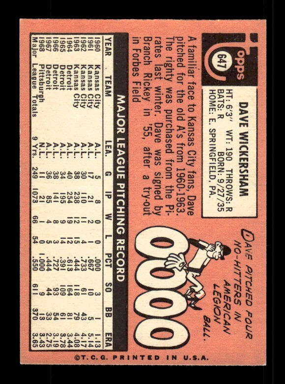 DAVE WICKERSHAM SIGNED 1969 TOPPS #647 ON-CARD AUTOGRAPH - KANSAS CITY ...