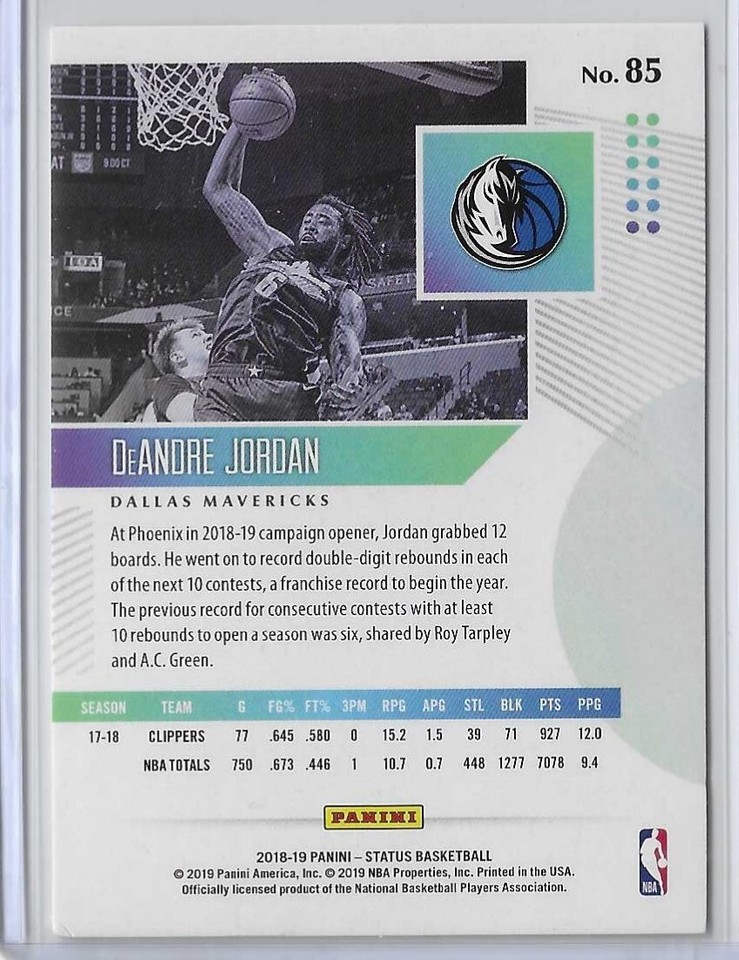2018-19 Panini Status Basketball DeAndre Jordan Card #85 Dallas ...
