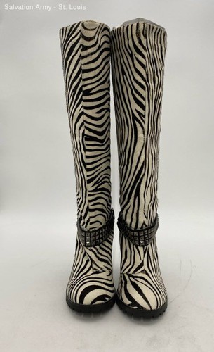 Womens Black White Zebra Print Round Toe Pull-On Knee High Booties Size ...