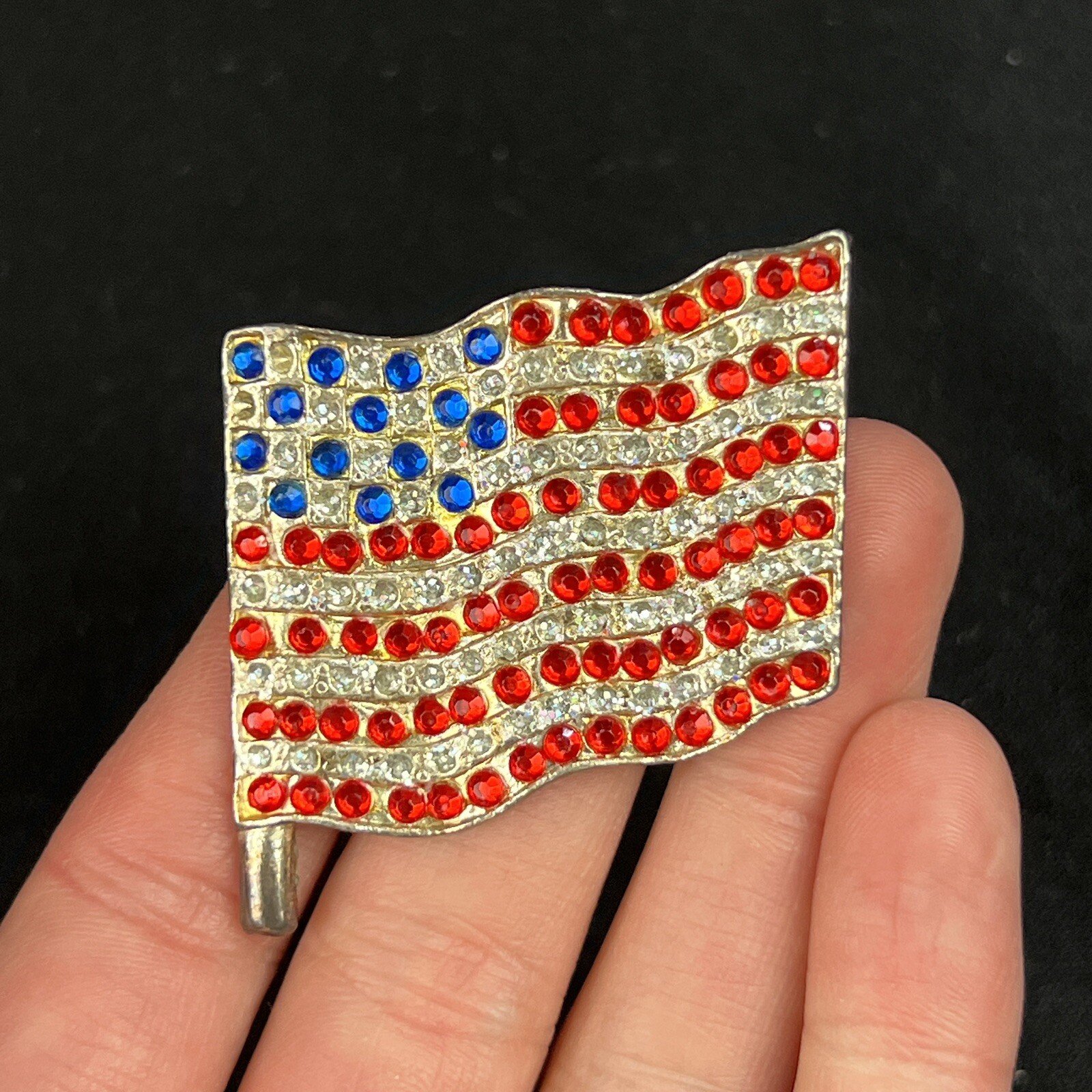 Vintage American Flag Red White Blue Rhinestone Brooc… - Gem