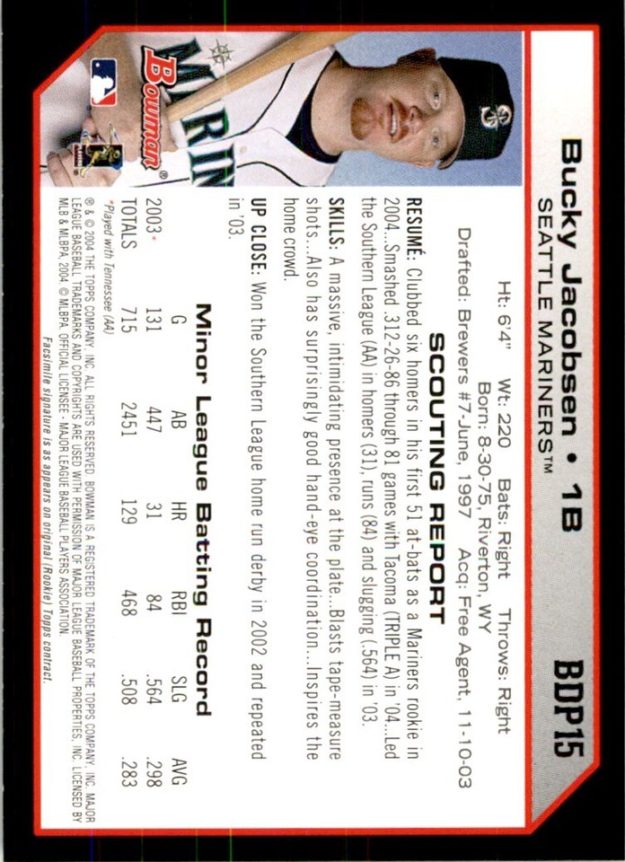 2004 BOWMAN BUCKY JACOBSEN SEATTLE MARINERS #BDP15 | eBay