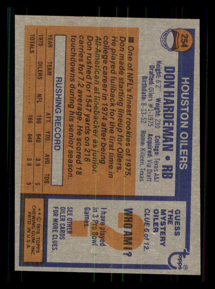 1976 Football Topps Don Hardeman Houston Oilers #254 RC1 | eBay