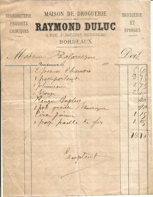 Bordeaux (33) Facture 1880. R.Duluc.Rue J.J.Rousseau. Maison de ...
