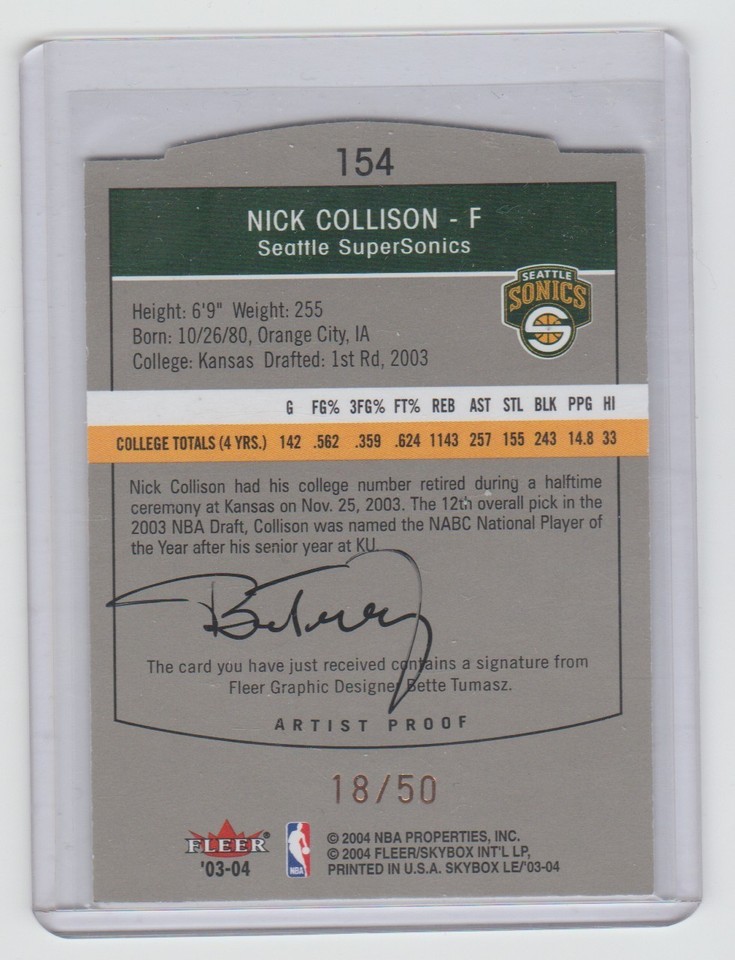 NICK COLLISON 2003-04 Skybox L.E. ARTIST PROOF Rookie Card #154 SP RC ...
