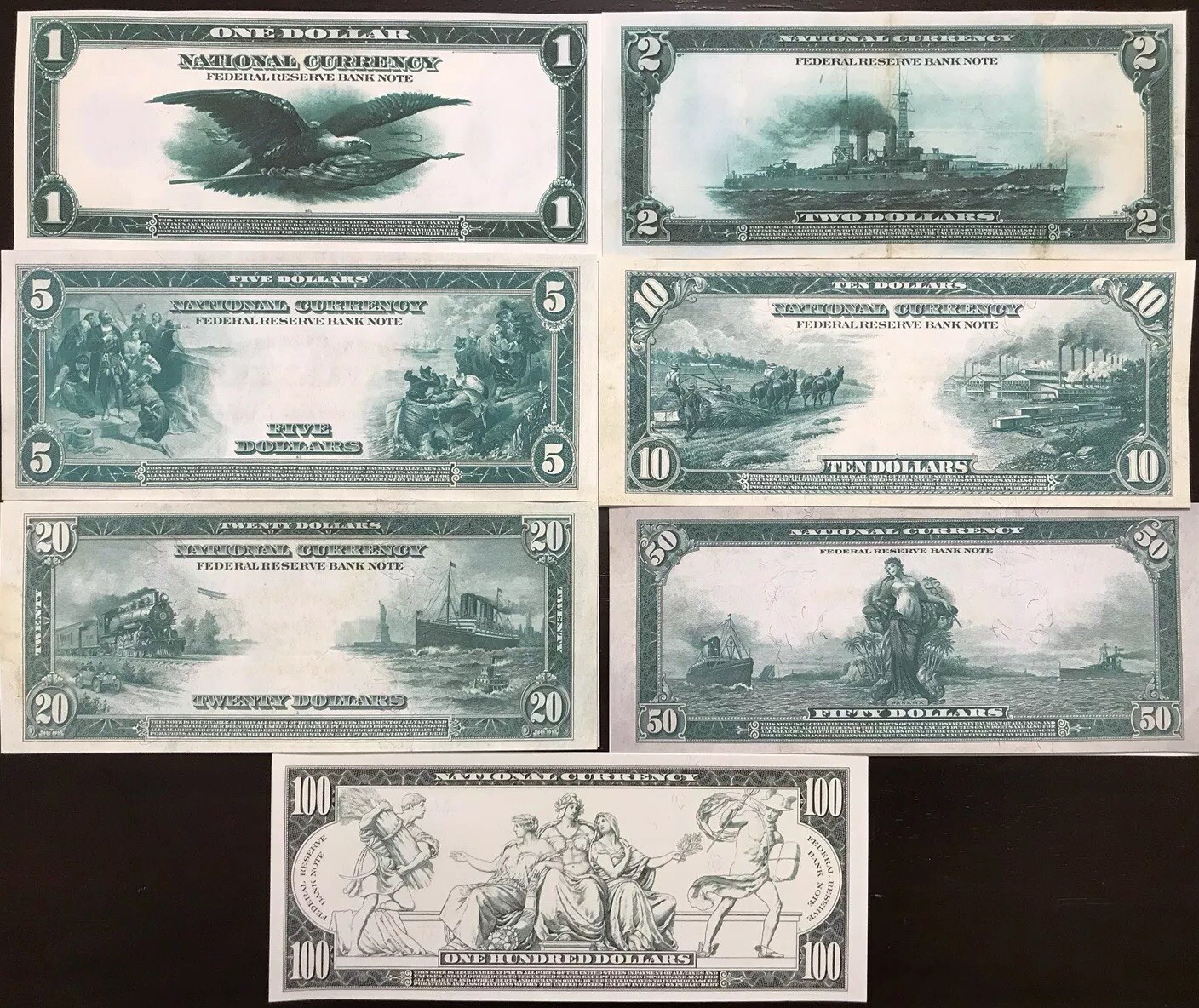 Reproduction Federal Reserve Bank Note Set $1 - $100 1915-18 Read ...