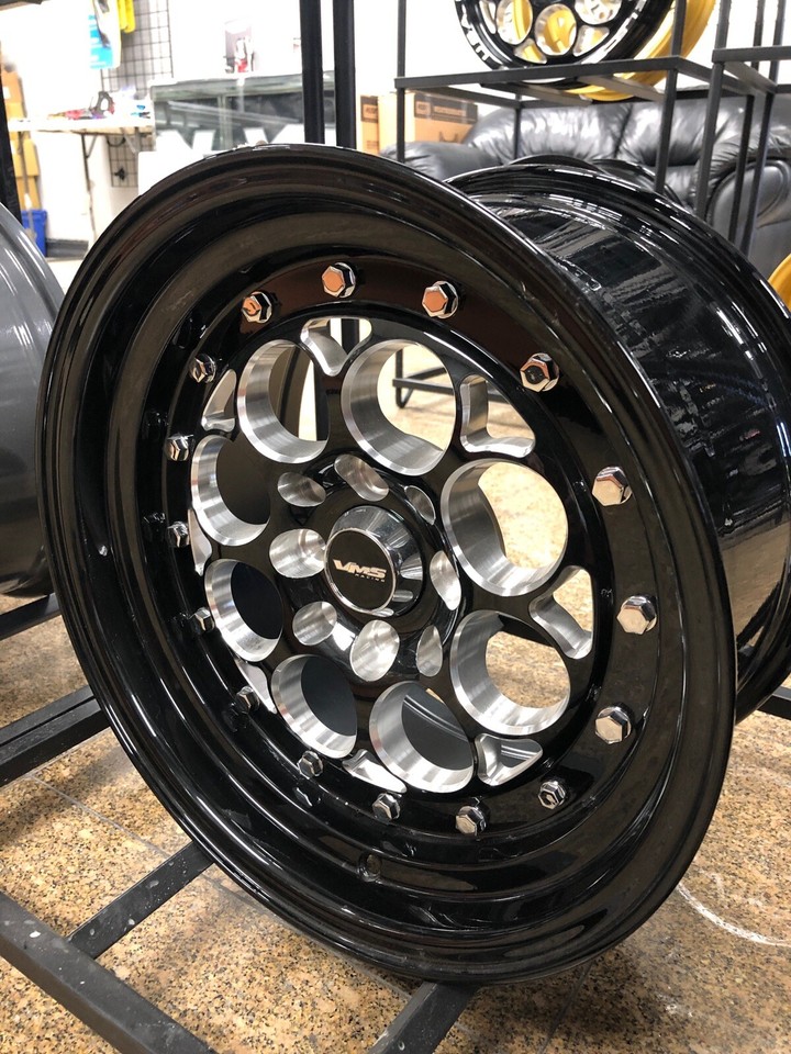 VMS Racing Revolver Black Lip Chrome Rivets Drag Rim Wheel 15x8 4X100 ...