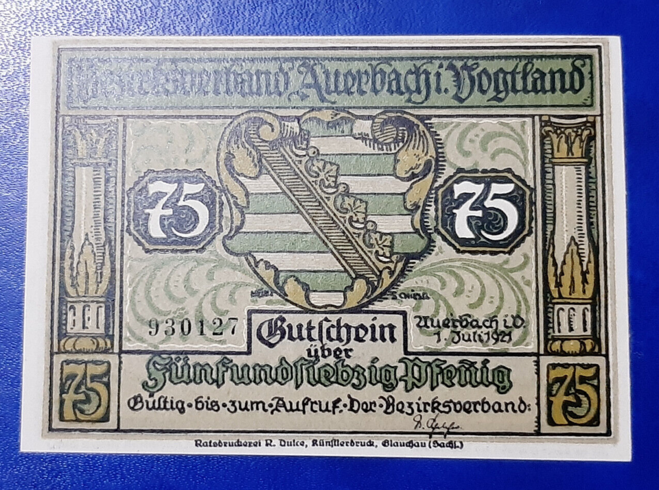 AUERBACH VOGTLAND NOTGELD 75 PFFENIG 1921 EMERGENCY MONEY GERMANY ...