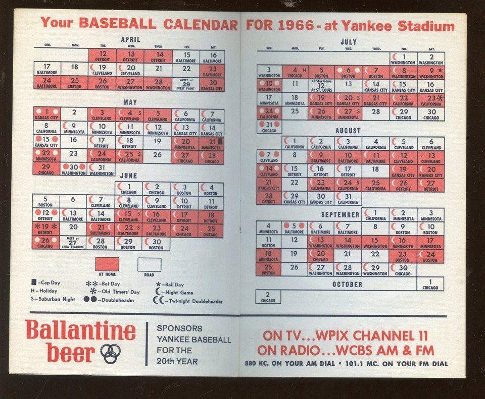 Original 1966 MLB New York Yankees Schedule | eBay