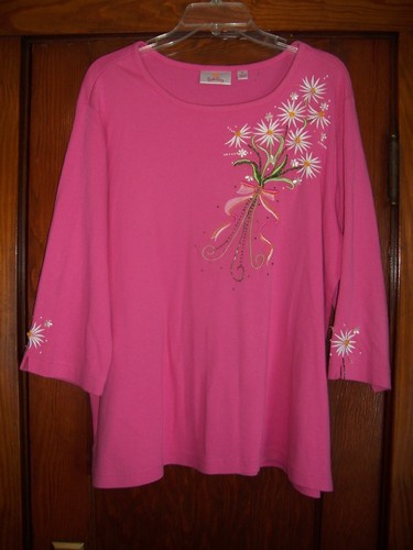 QUACKER FACTORY 1X PINK KNIT TOP EMBROIDERED / BEADED DAISIES 3/4 ...