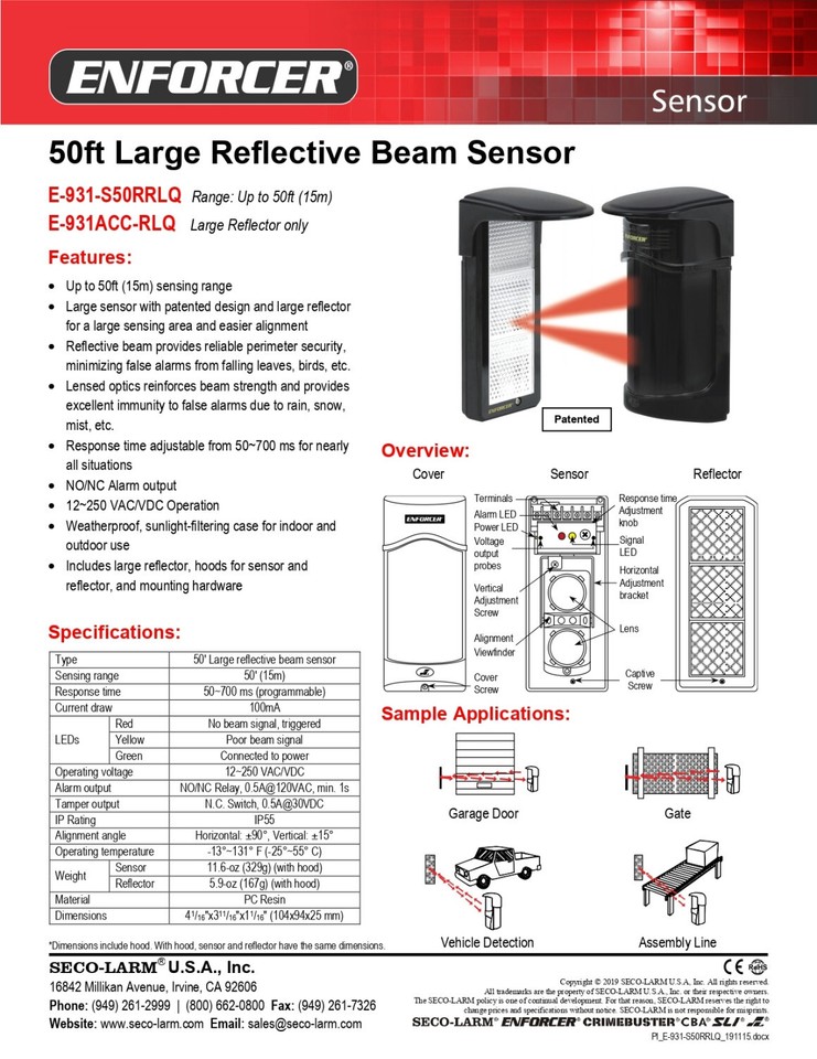Seco-Larm E-931-S50RRLQ Large Reflective Photoelectric Beam Sensor ...