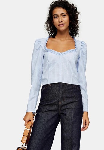 Topshop Satin Prairie Blue Plaid Cropped Ruffle Long Sleeve Blouse Size ...