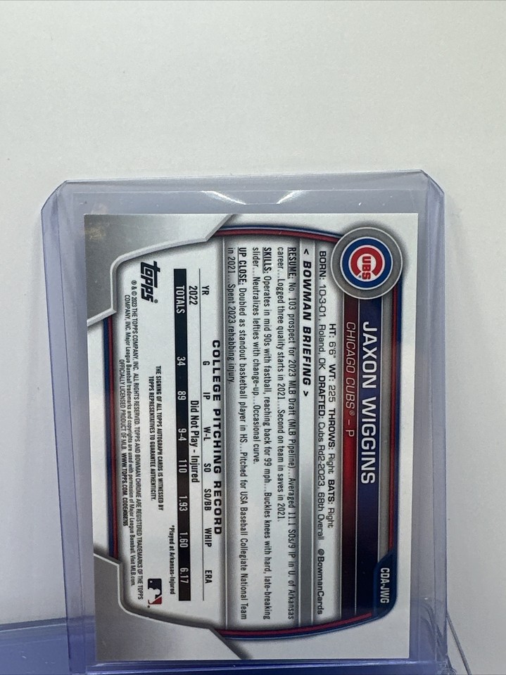 2023 Bowman Draft Jaxon Wiggins Chrome 1st Prospect Auto Autograph #CDA ...