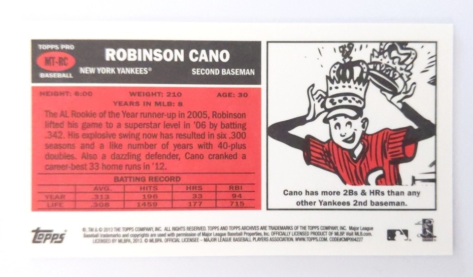 2013 Topps Archives Robinson Cano Mini Tall Boys Insert #MT-RC Yankees ...