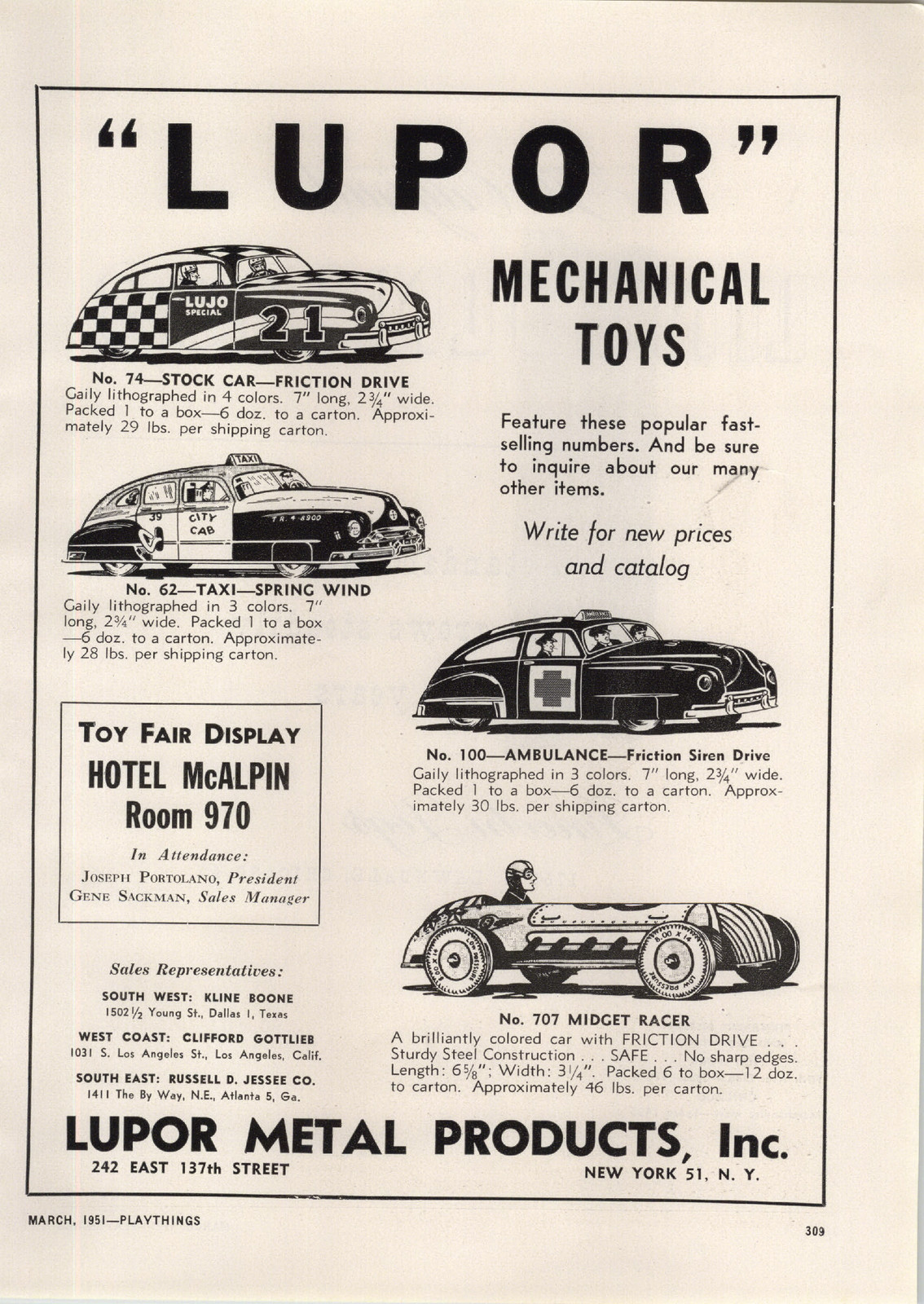 1951 PAPER AD Lupor Metal Toy City Cab Friction Toy Cars Midget Racer ...