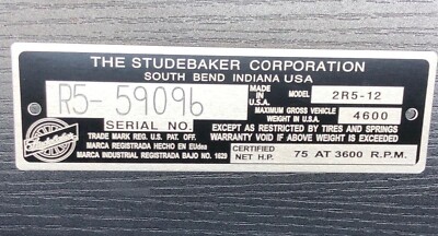 STUDEBAKER USA MADE MODEL SERIAL NUMBER DATA PLATE ID TAG | eBay