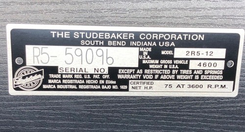STUDEBAKER USA MADE MODEL SERIAL NUMBER DATA PLATE ID TAG MODEL CAN BE ...