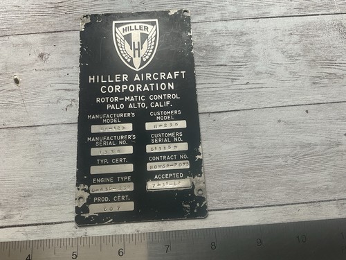 ORIGINAL 1962 HILLER H-23D HELICOPTER DATA SPEC NAME PLATE | eBay