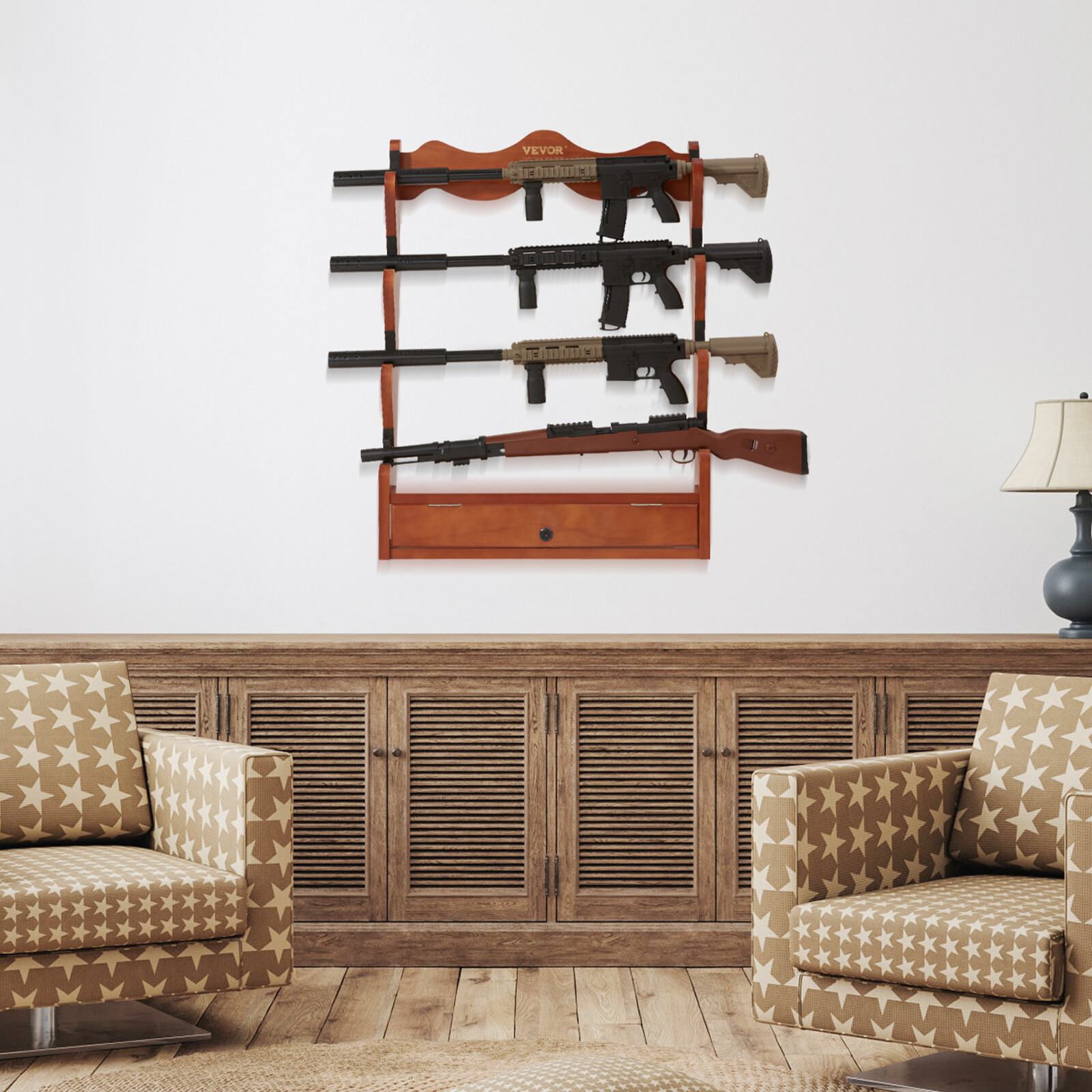 VEVOE Gun Rack 4-Slot Wood Gun Rack Wall Mount Gun Display Rack holds 4 ...