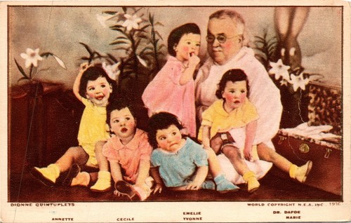 Postcard Ontario Callander Dionne Quintuplets and Dr. Allan Roy Dafoe ...