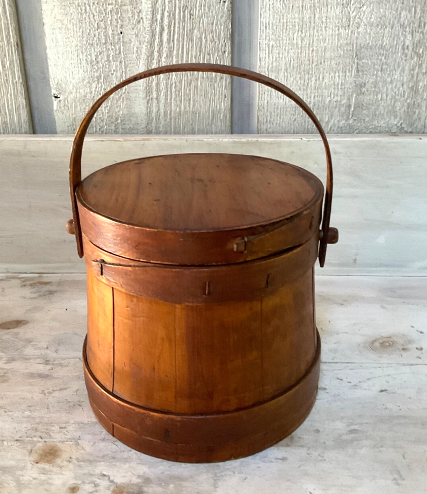 Antique primitive small 6-1/2" Wooden Firkin Sugar Bucket w/swing ...