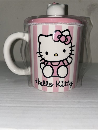 Pink and white hello kitty mug with lid, Stripes trending Tik Tok | eBay