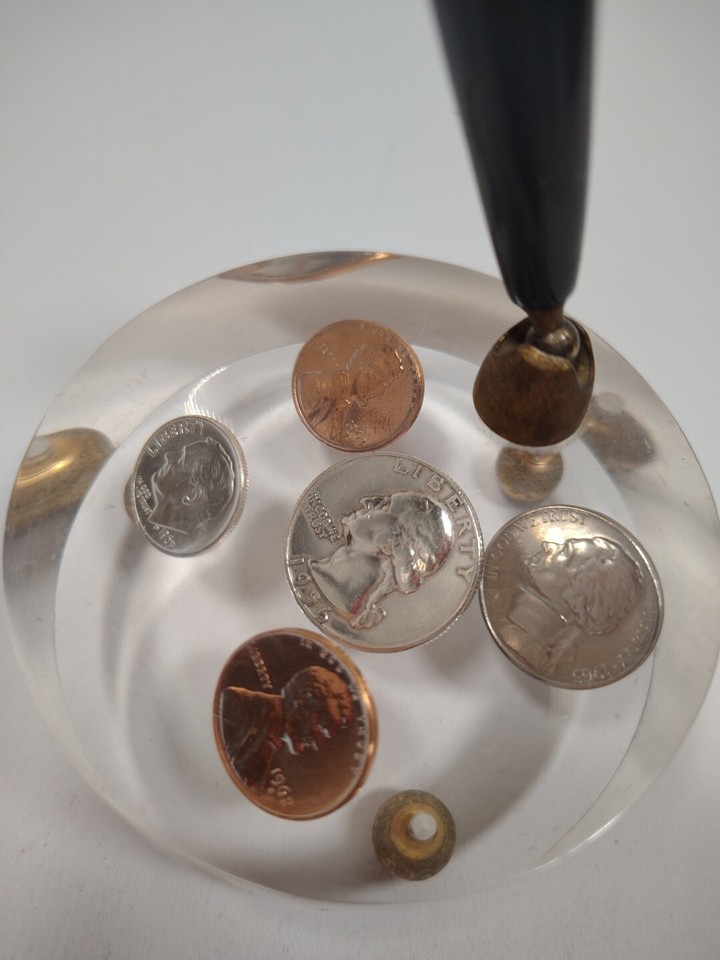 Vintage Lucite Acrylic Paperweight Pen Pencil Holder REAL Silver Coins ...
