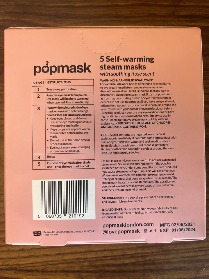 POPMASK LONDON Sleepover Rose Scented Self-Warming Steam Mask (5 Pack ...