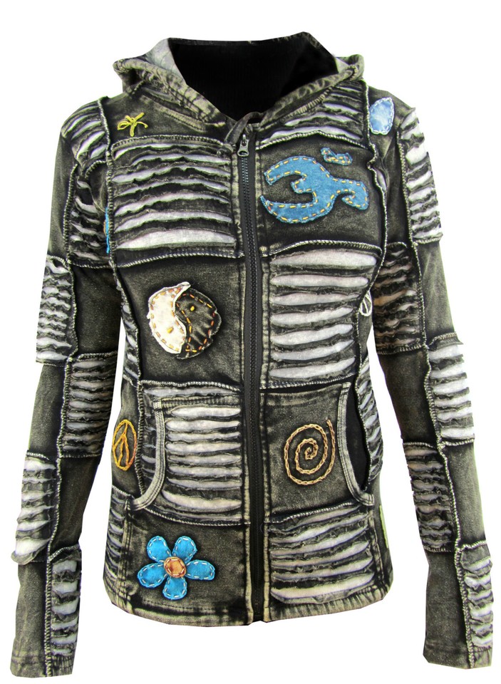 Cotton Jacket Stonewash Hippie Boho Gothic Emo Funky Patchwork Pixie ...
