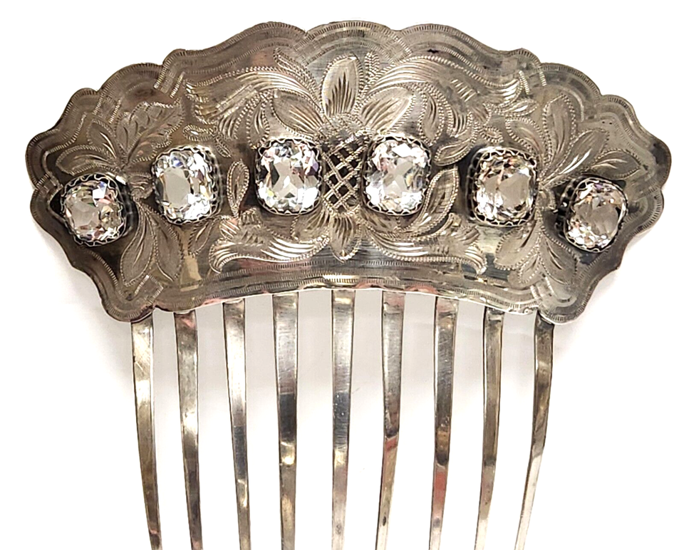 Victorian Etched Sterling Silver Hair Comb Bright Paste Crystal Jewels ...
