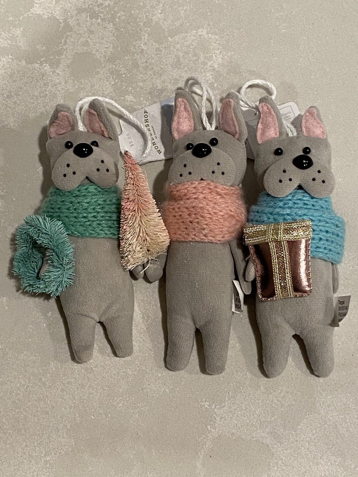 New 3 Target Christmas Ornaments French Bull Dogs Pink Blue Green ...