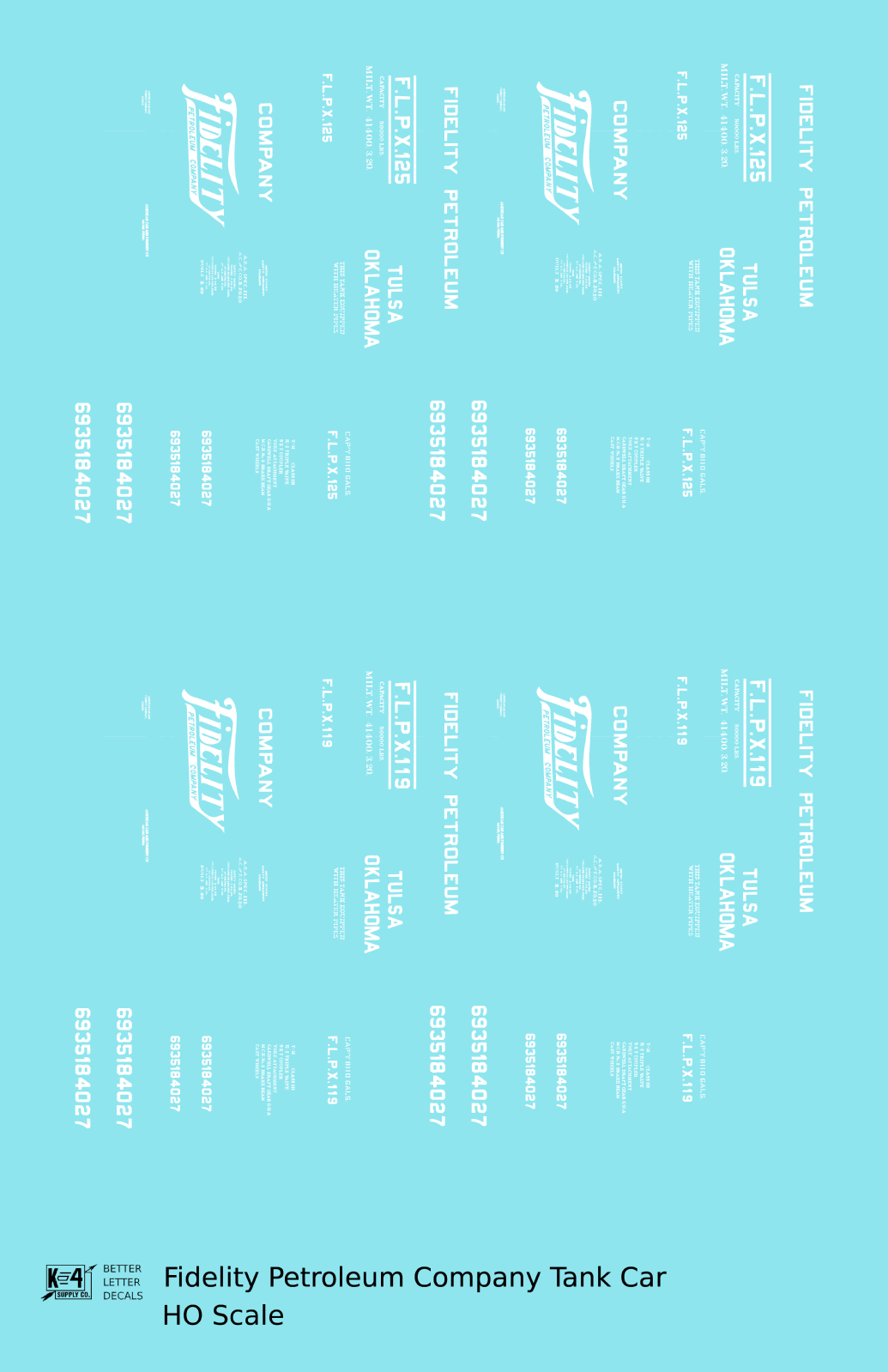 K4 HO Scale Decals Fidelity Petroleum Tank Car White | eBay