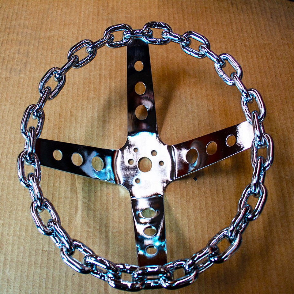 11 Inch Chrome Chain Steering Wheel with Cutout Spokes and Horn Button ...