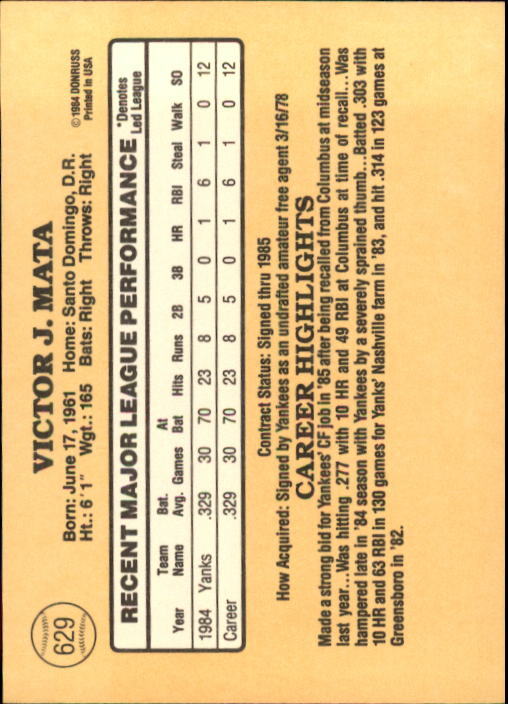 1985 Donruss New York Yankees Baseball Card #629 Vic Mata | eBay