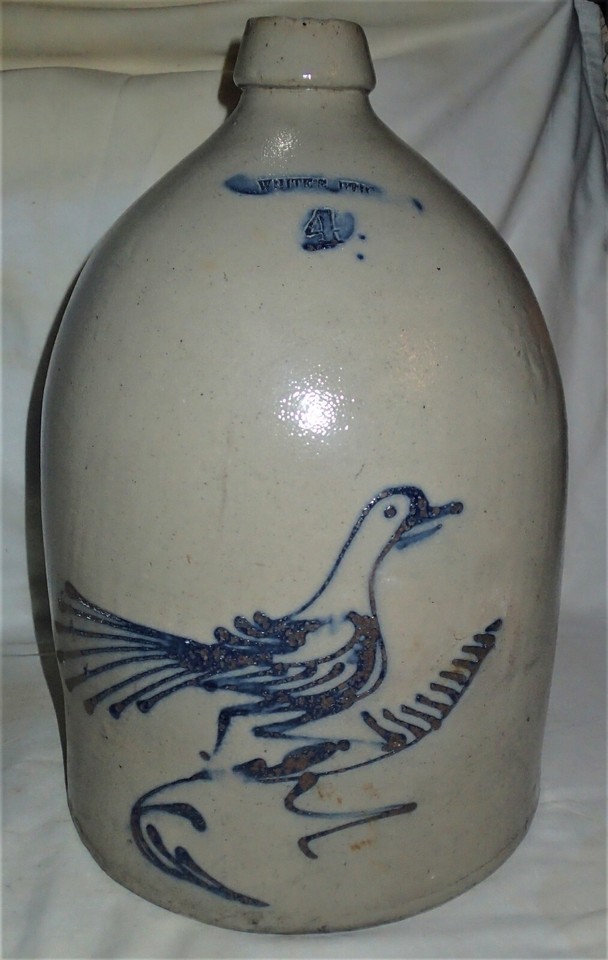ANTIQUE PRIMITIVE USA STONEWARE BLUE BIRD CROCK WHITES UTICA N.Y. SALT ...