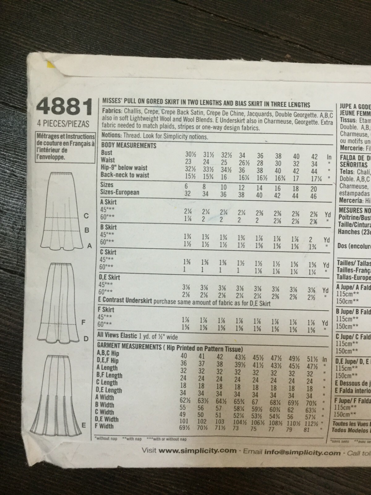 Simplicity 4881 Skirt 2 Hr Easy Gored or Bias 3 Lengths Size 14-20 ...