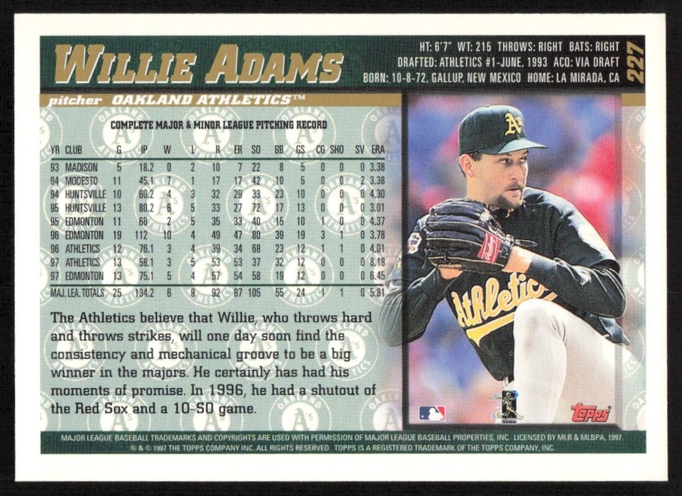 1998 Topps Baseball Willie Adams #227 Oakland Athletics | eBay