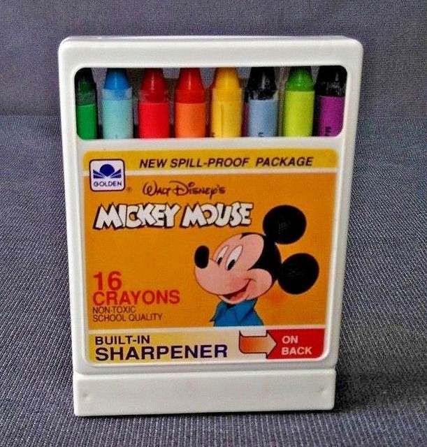 Vintage Walt Disney Mickey Mouse 16 Crayons Golden Built in Sharpener ...