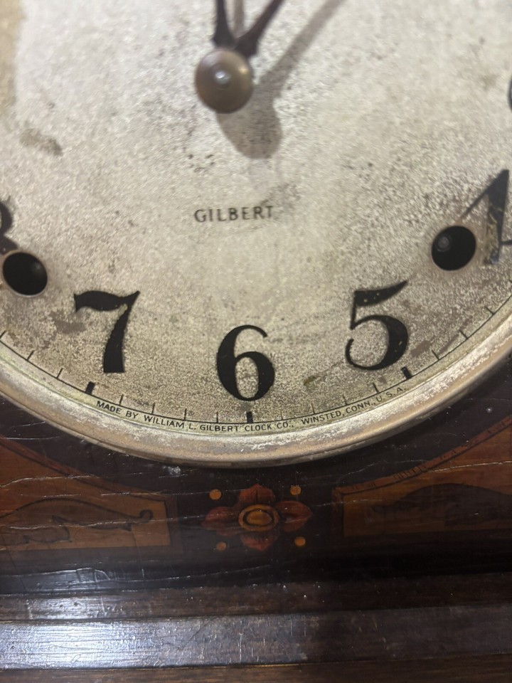 Antique William L. Gilbert 1807 Mantle Clock Chime 23" Floral Inlay Key ...