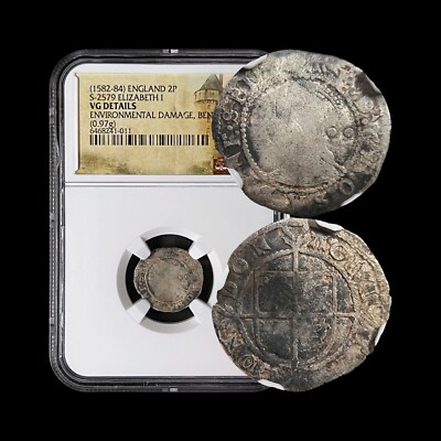 ENGLAND. 1582, 2 Pence, Silver - NGC VG - Elizabeth I, Rose Without a ...