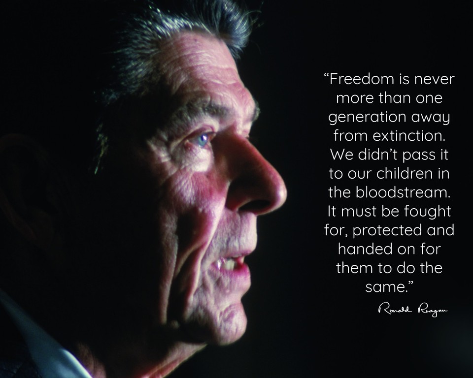 Ronald Reagan Picture with Quote "Freedom is never more than one ...