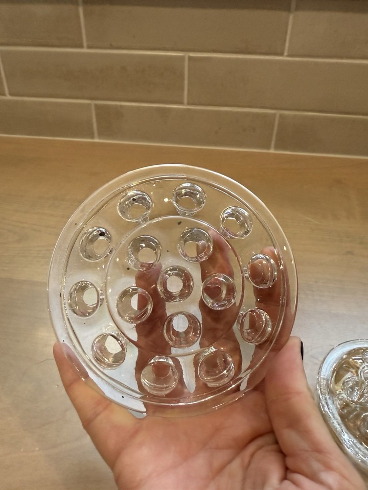 Pair Vintage Clear Glass Flower Frogs Round 16 Hole & 11 Hole Floral ...