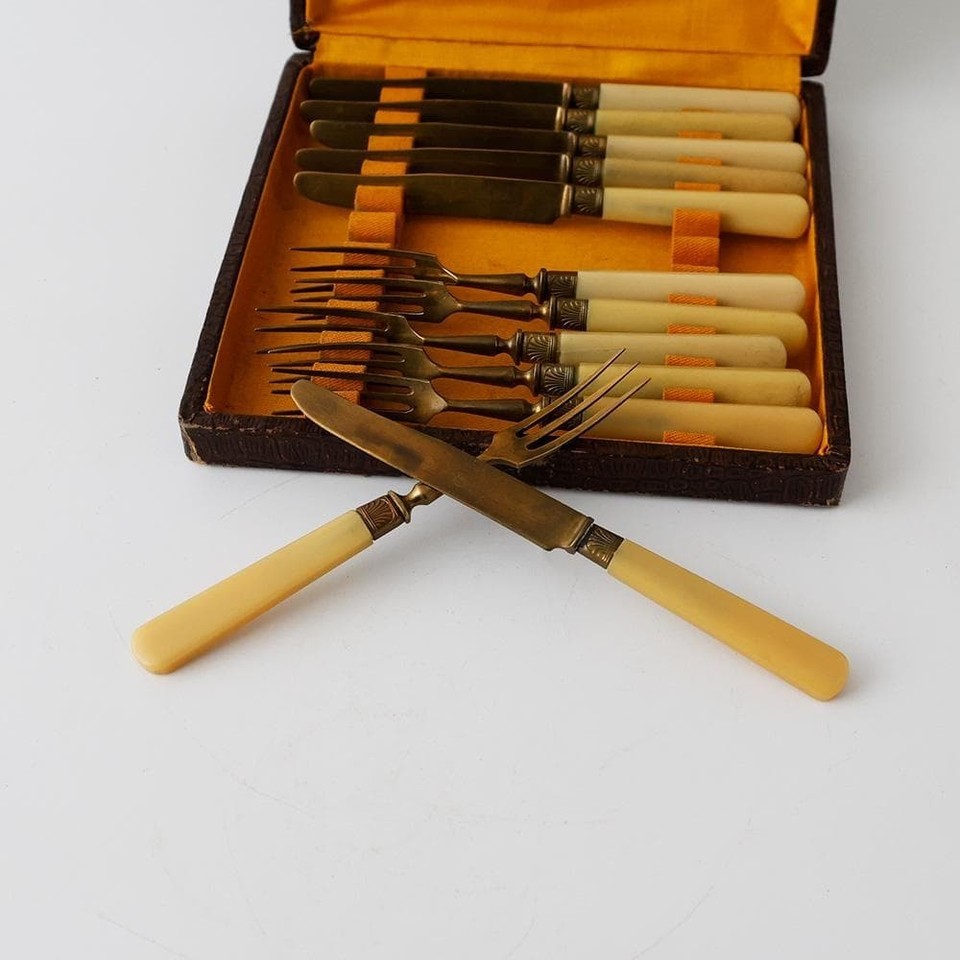 Antique French 12-Piece Cutlery Set Knives Forks Faux Bone Handles ...