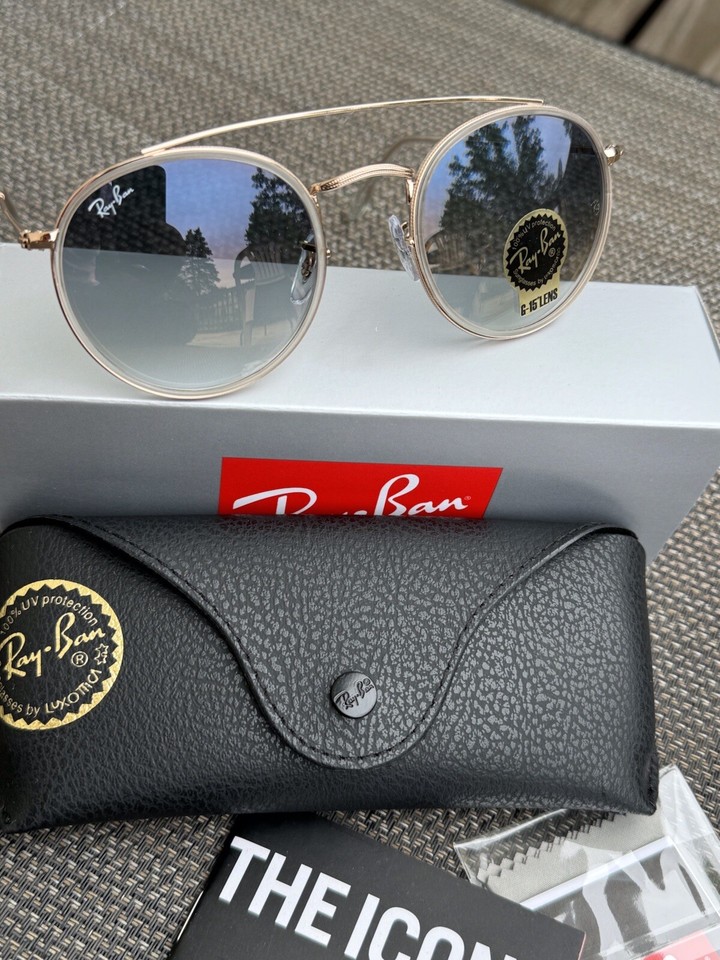 New Ray-Ban Round Double Bridge Gold Frame / Gradient Blue RB3647 ...