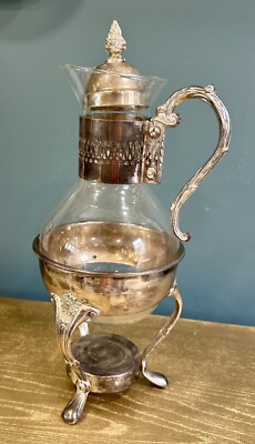 Vintage Kent Silversmith Glass Pitcher Carafe + Silver Pedestal Warmer ...