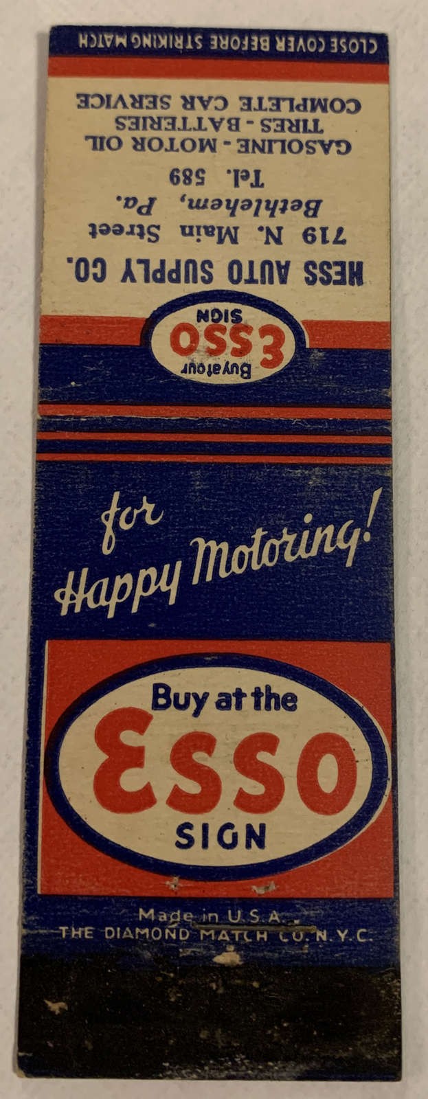 Vintage Ness Auto Supply Esso Service in Bethlehem, PA Ad Matchbook ...