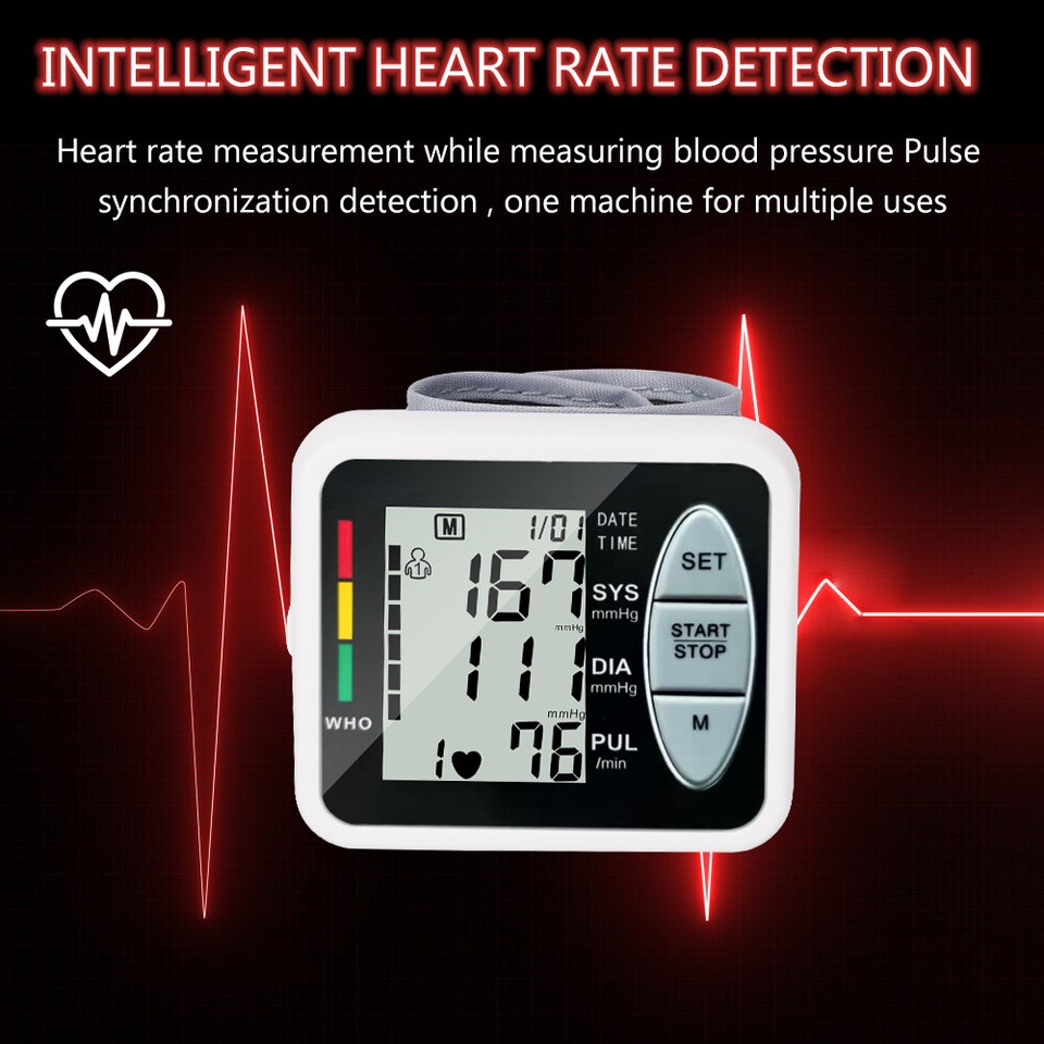 Automatic Digital LCD Wrist Blood Pressure Monitor Heart Rate Machine ...