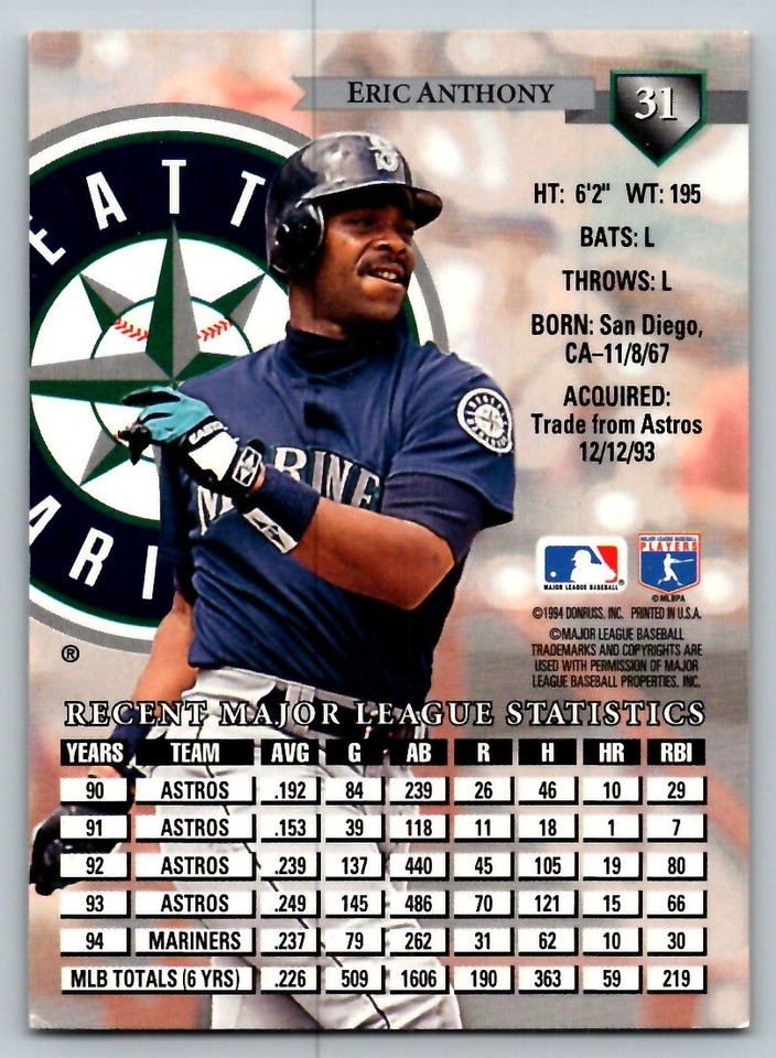 1995 DONRUSS ERIC ANTHONY SEATTLE MARINERS #31 | eBay