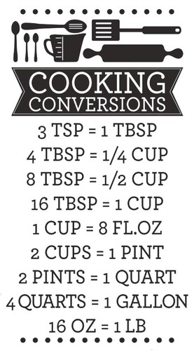 Cooking Conversions Measurements Chart Vinyl Wall Decal Sticker Baking ...