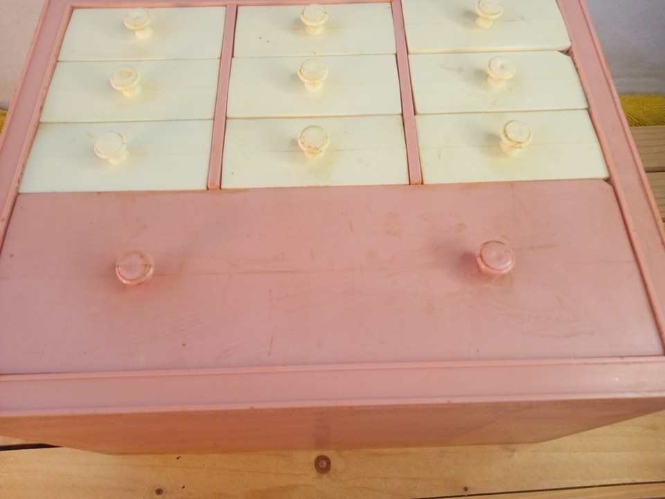 Retro MCM Vintage Pink Cream Akro-Mils Storage Cabinet 10 Drawers Bin ...